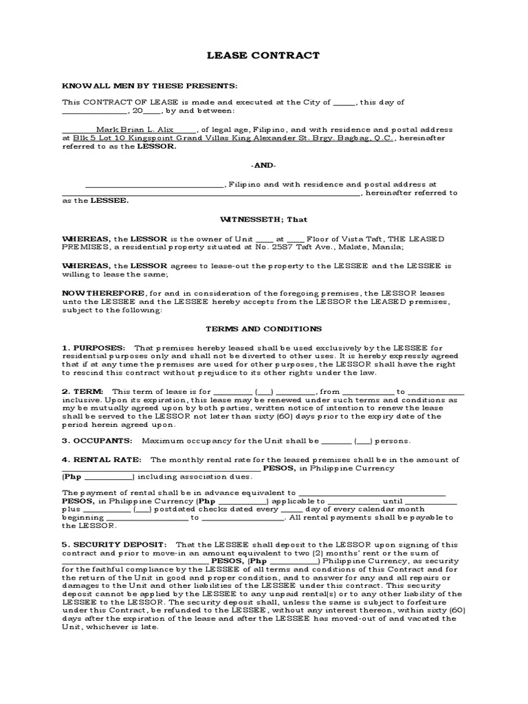 Lease Contract Sample | PDF | Lease | Law And Economics