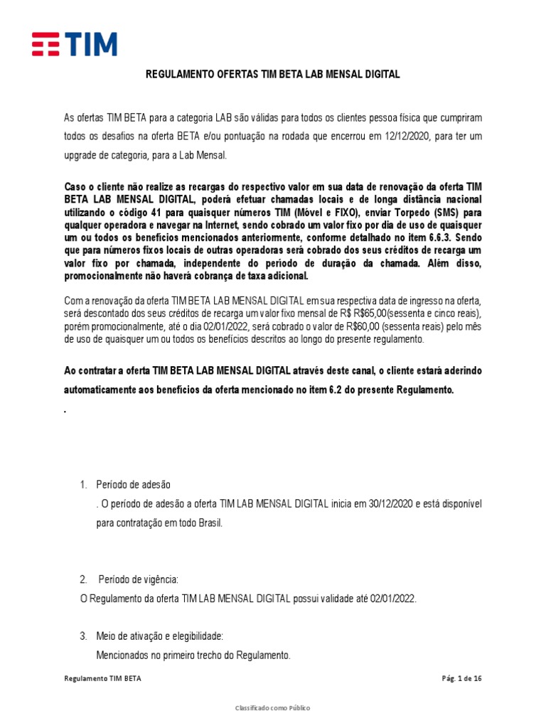 Regulamento TIM BETA LAB Mensal | PDF | Aplicativo para celular | 4G
