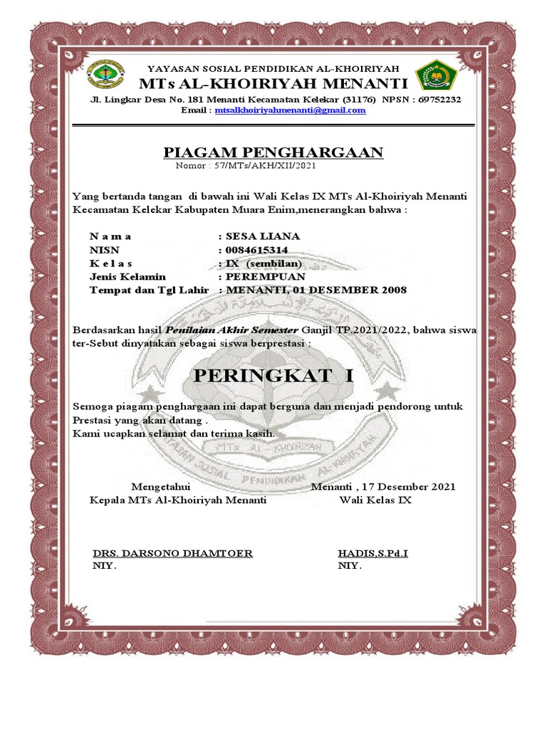 Piagam Siswa Berprestasi | PDF