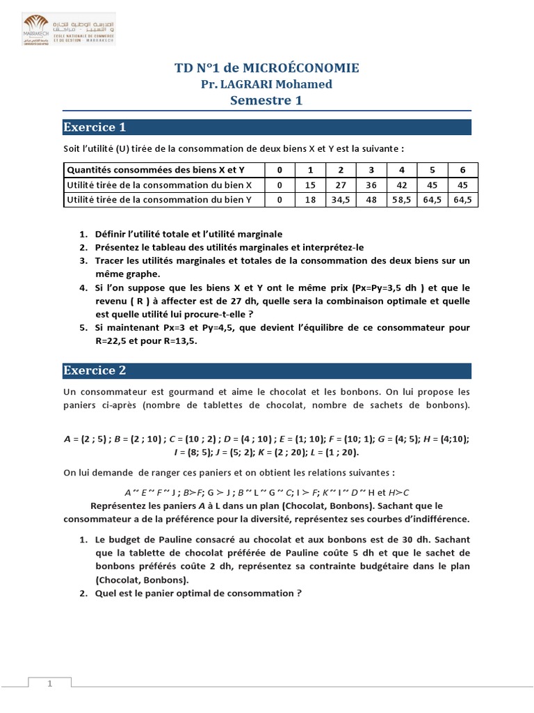 TD NÂ°1 de Microã©conomie | PDF | Élasticité (économie) | Utilité (économie)
