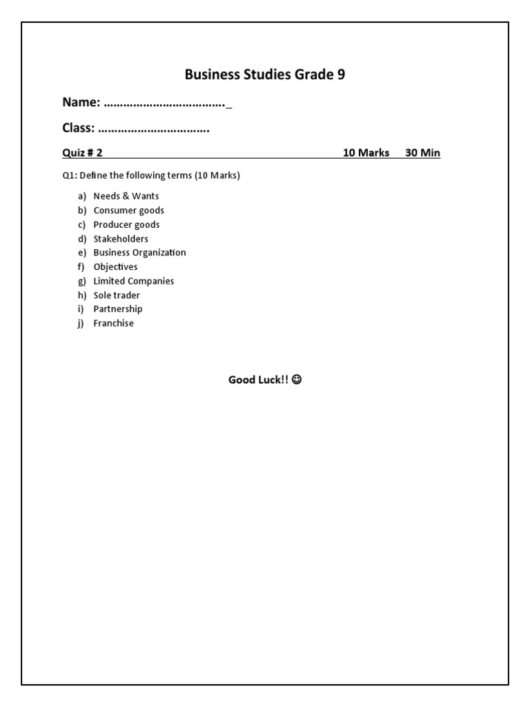 Business Studies Grade 9 Quiz # 2 | PDF