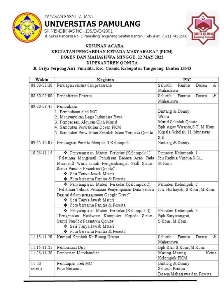 PKM - Susunan Acara & Daftar Hadir PKM | PDF