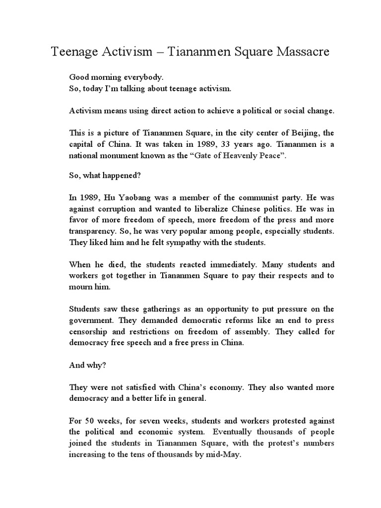 Oral Presentation SCRIPT "Teen Activism" | PDF | Protest | Political Events