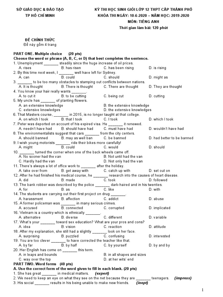 Đề Thi HSG 12 2019-2020 - S | PDF | Laughter | Lake