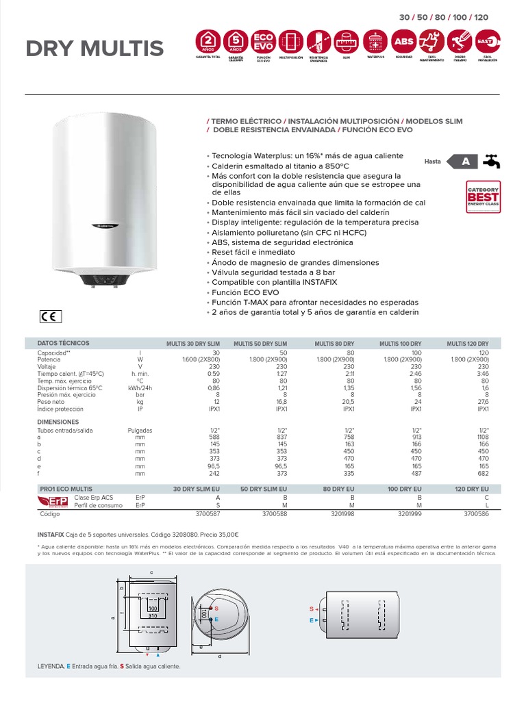 Manual 'Termo Ariston' (PRO1 ECO MULTIS 50 DRY SLIM EU) | PDF | Química
