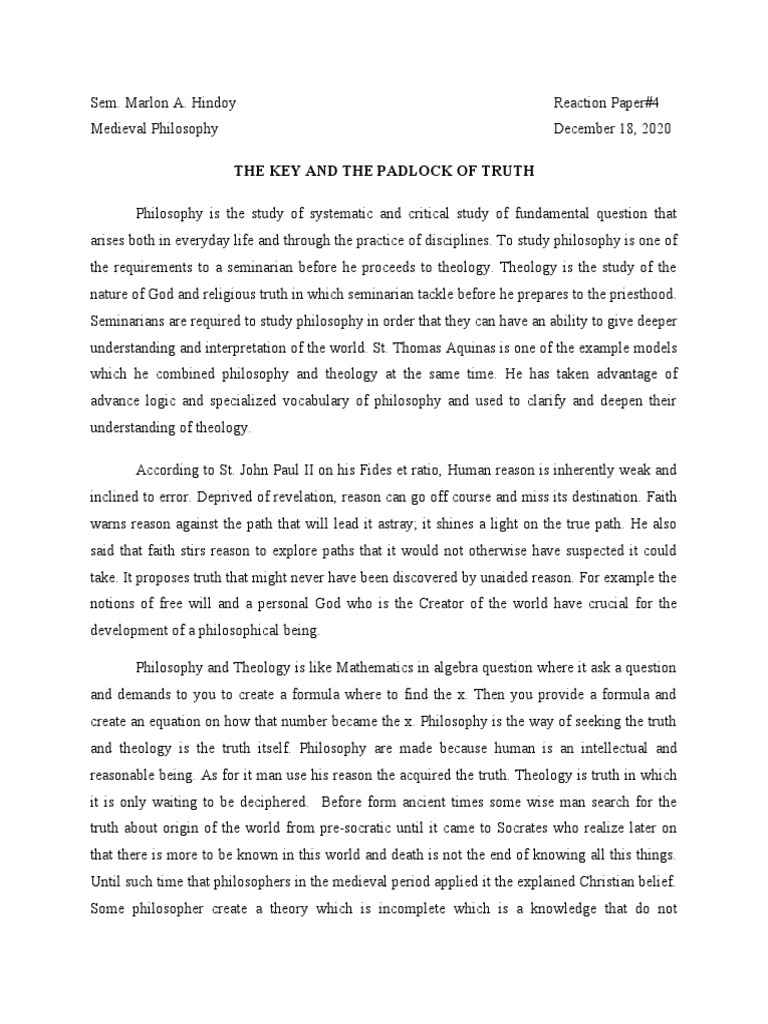RP 4 Medieval Philo Philo Marlon A. Hindoy Reaction Paper 4 | PDF | Reason | Truth