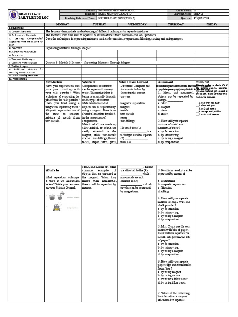 MELC Based - SCIENCE 6 - Q1 - W7 | PDF | Metals | Magnet