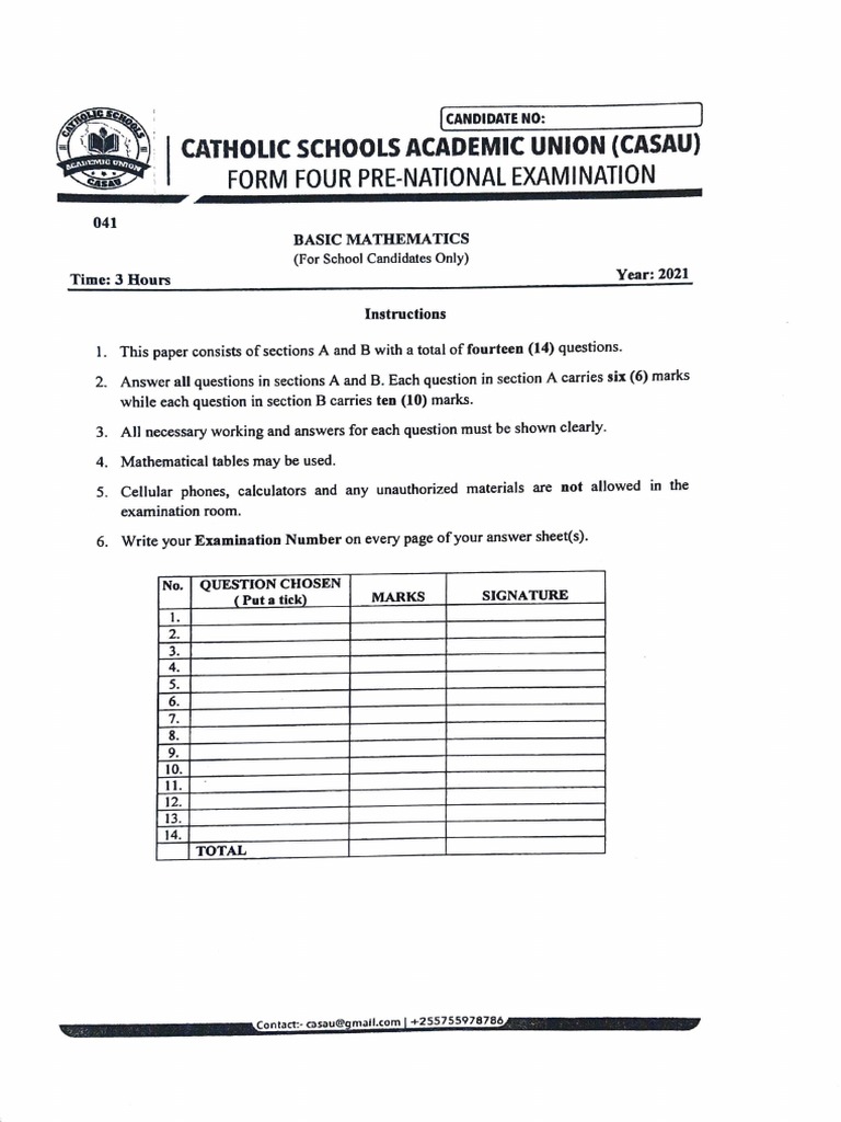Catholic Schools Academic Union (Casau) EAS: Form Four Pre-National ...