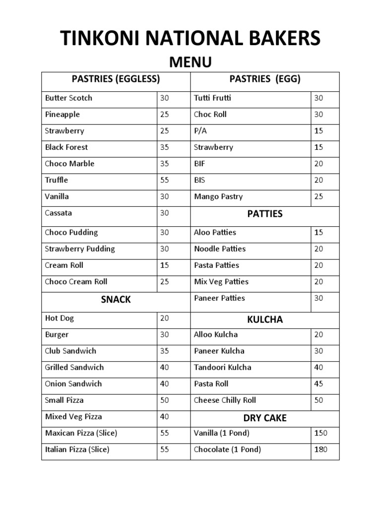 Bakery Menu | PDF | Cakes | Food And Drink Preparation