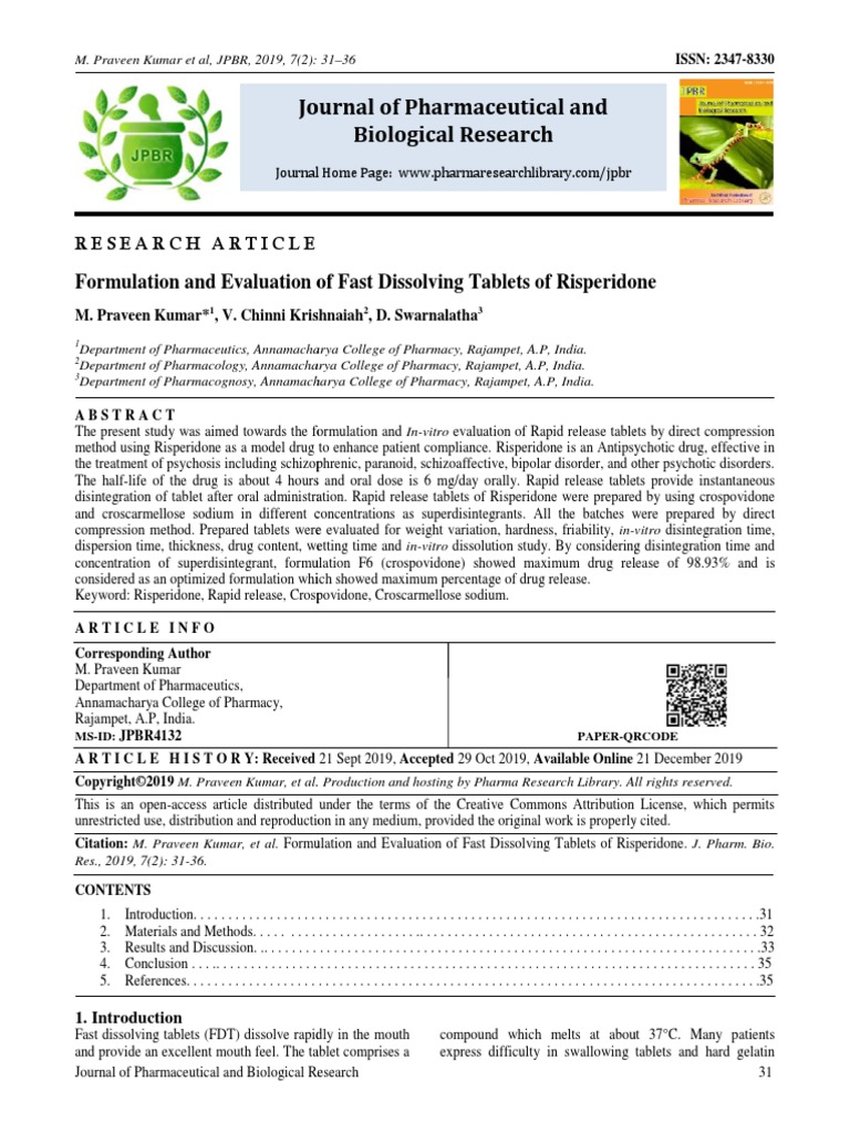 Formulation and Evaluation of Fast Dissolving Tablets of Resperidone. | PDF | Tablet (Pharmacy ...