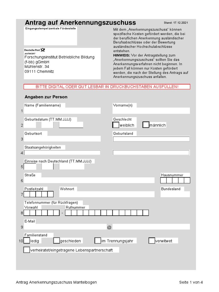 Pro Anerkennungszuschuss Antrag Formular | PDF