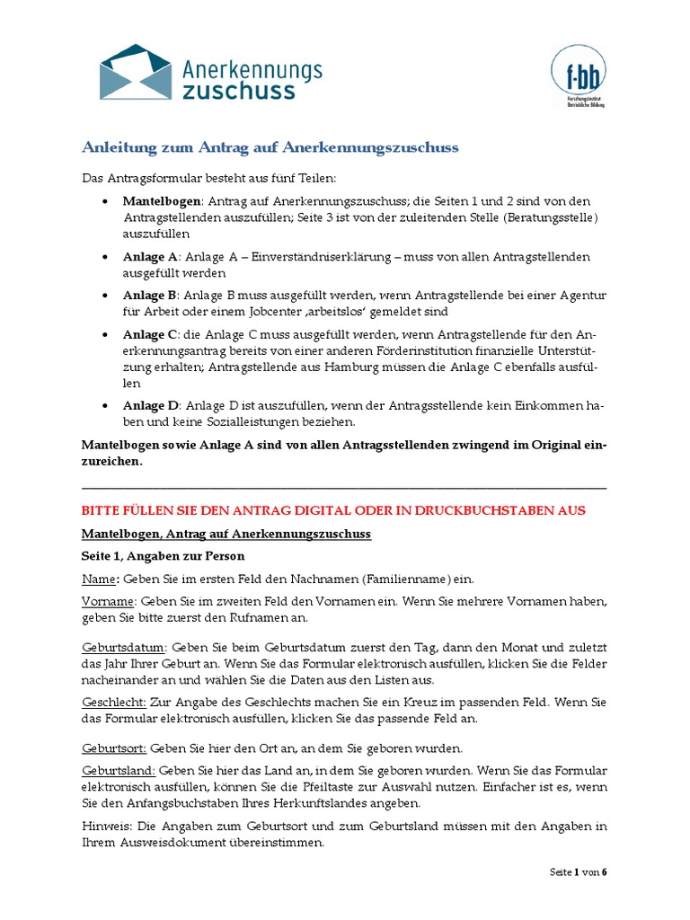 Pro Anerkennungszuschuss Antrag Anleitung | PDF