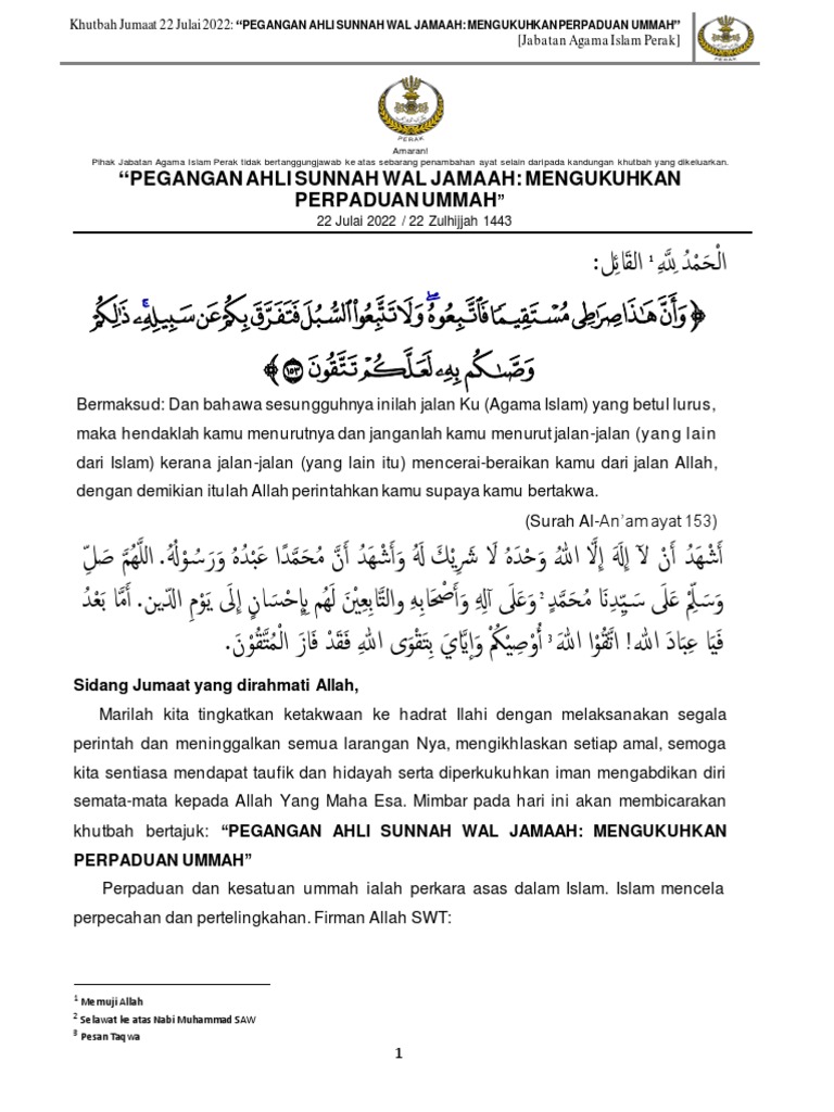 Khutbah Jumaat 22 Julai 2022 - Pegangan Ahli Sunnah Wal Jamaah Mengukuhkan Perpaduan Ummah RUMI ...