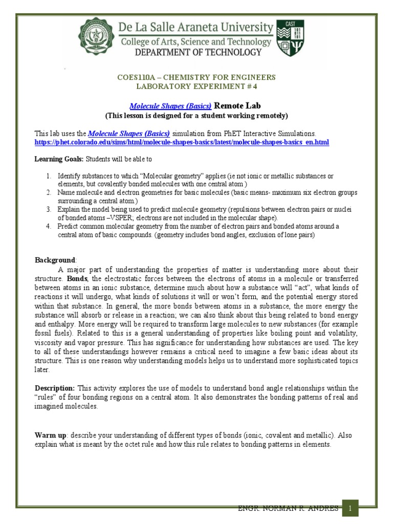 COES110B Chemistry For Engineers Lab 4 - MOLECULE SHAPES | PDF | Molecules | Chemical Bond