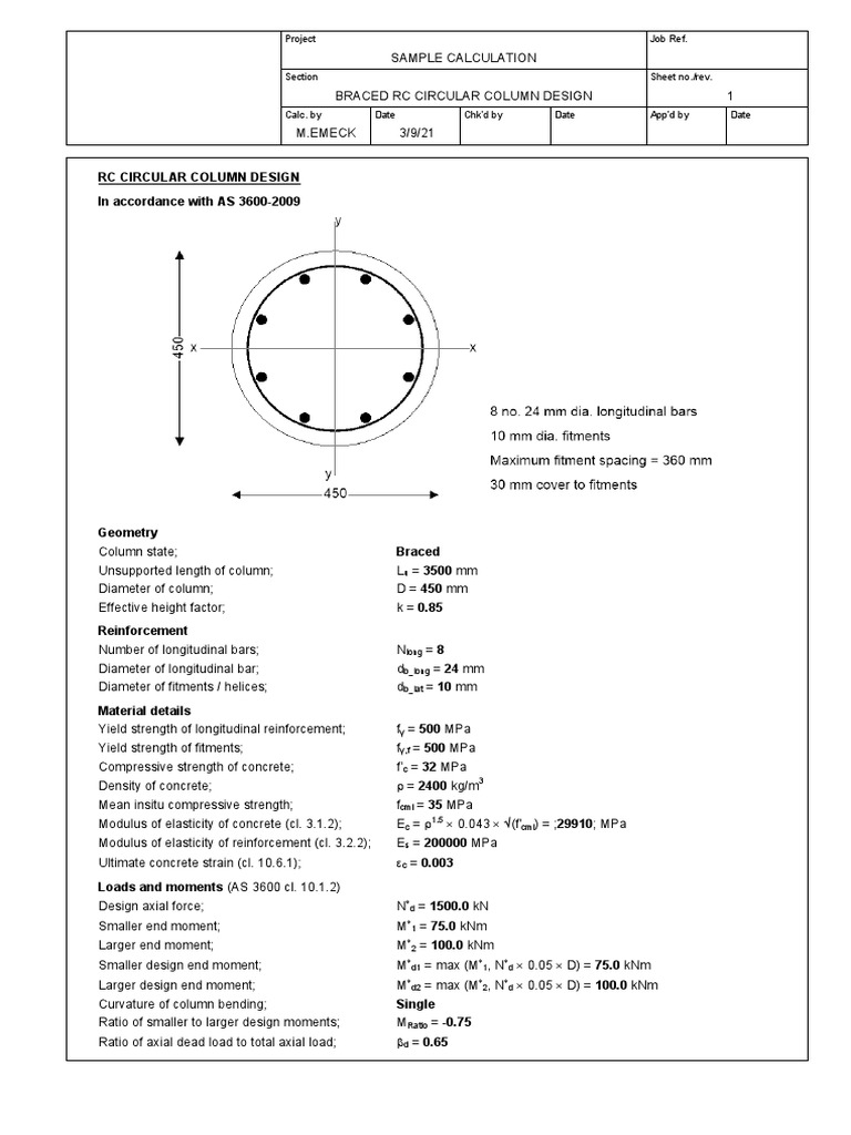 Braced RC Circular Column Design - Sample Calculation (As 3600) | PDF ...