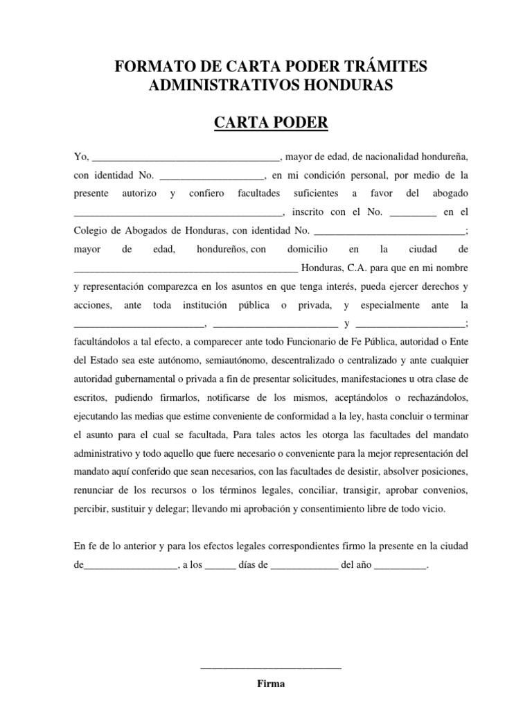 Formato de Carta Poder Tramites Administrativos Honduras | PDF ...