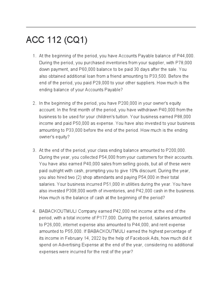 ACC 112 Comprehensive Quiz | PDF | Expense | Accounts Payable