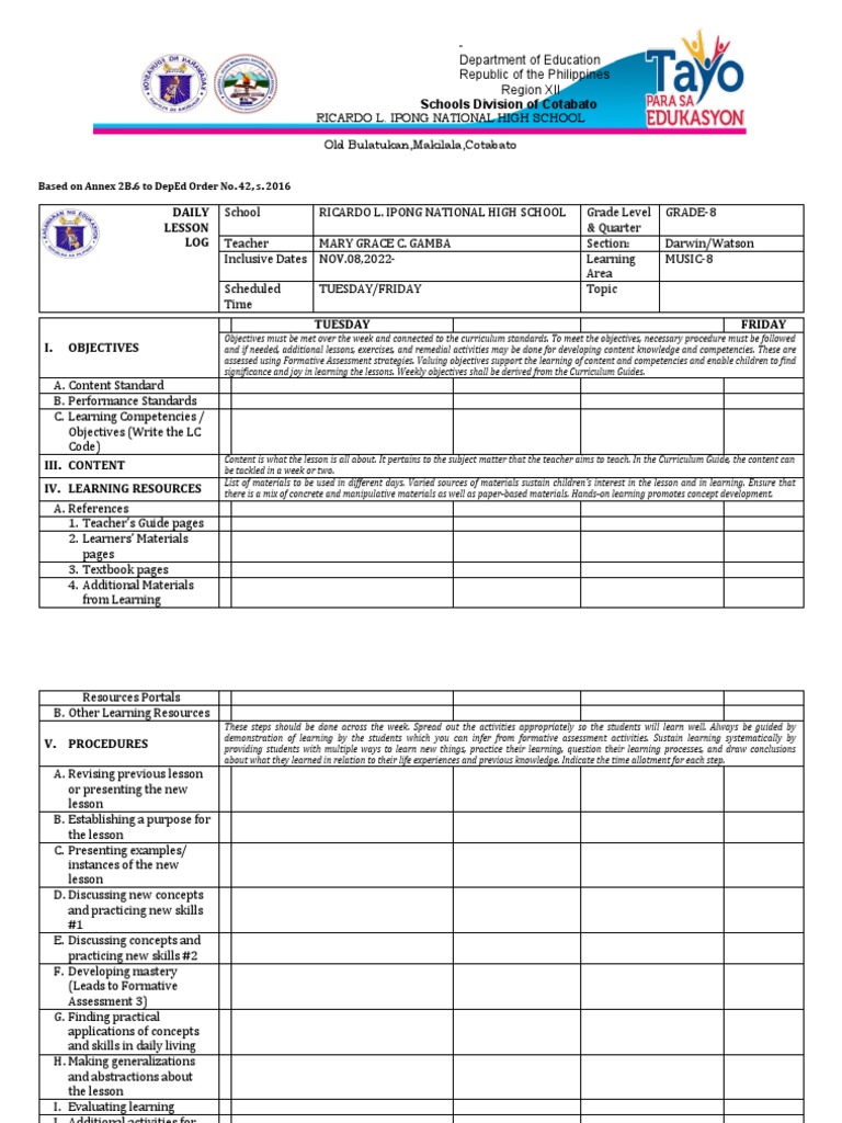 Daily-Lesson-Log GRADE-8 MAPEH | PDF | Learning | Teaching Method