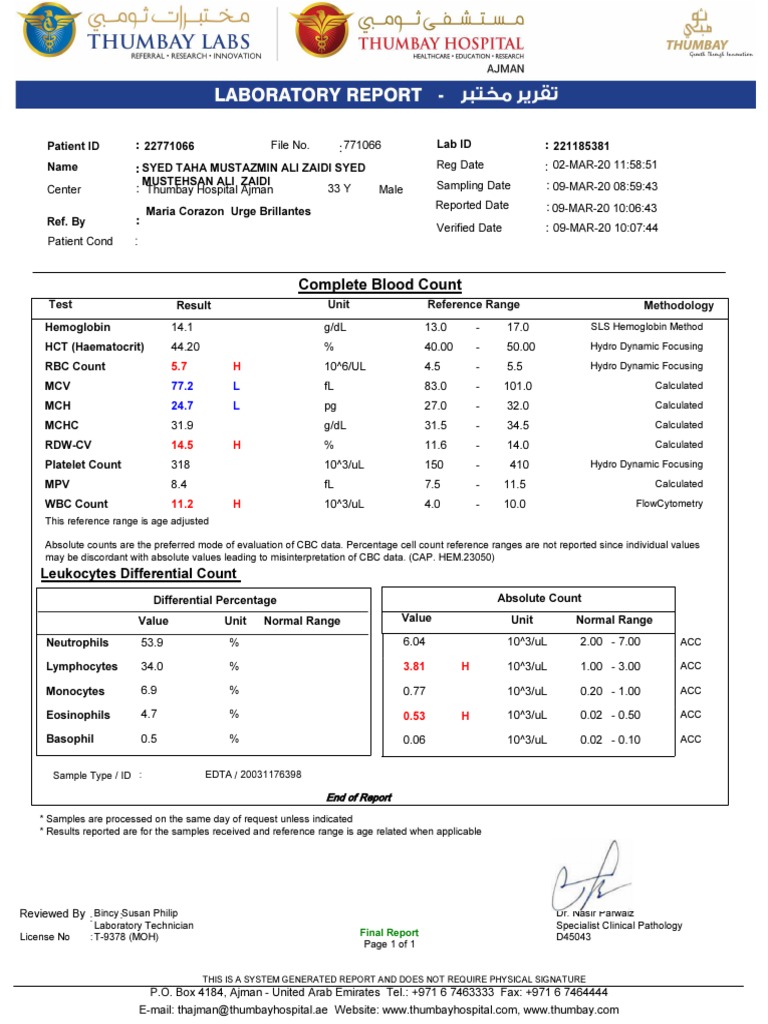 Complete Blood Count Report Sample | PDF | Medical Specialties ...