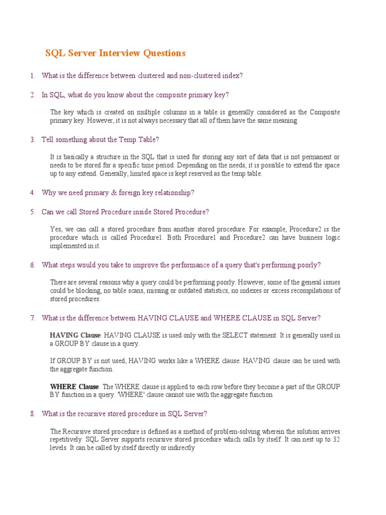 Sql Server Interview Questions Pdf Database Index Microsoft Sql Server