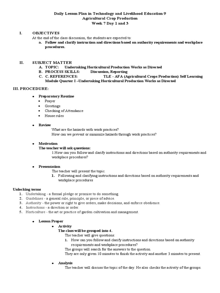 Daily Lesson Plan in Technology and Livelihood Education 9 Agricultural ...