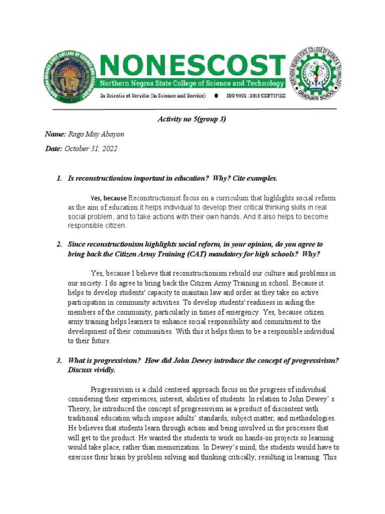 Reconstructionism And Progressivism Pdf Teaching Method John Dewey