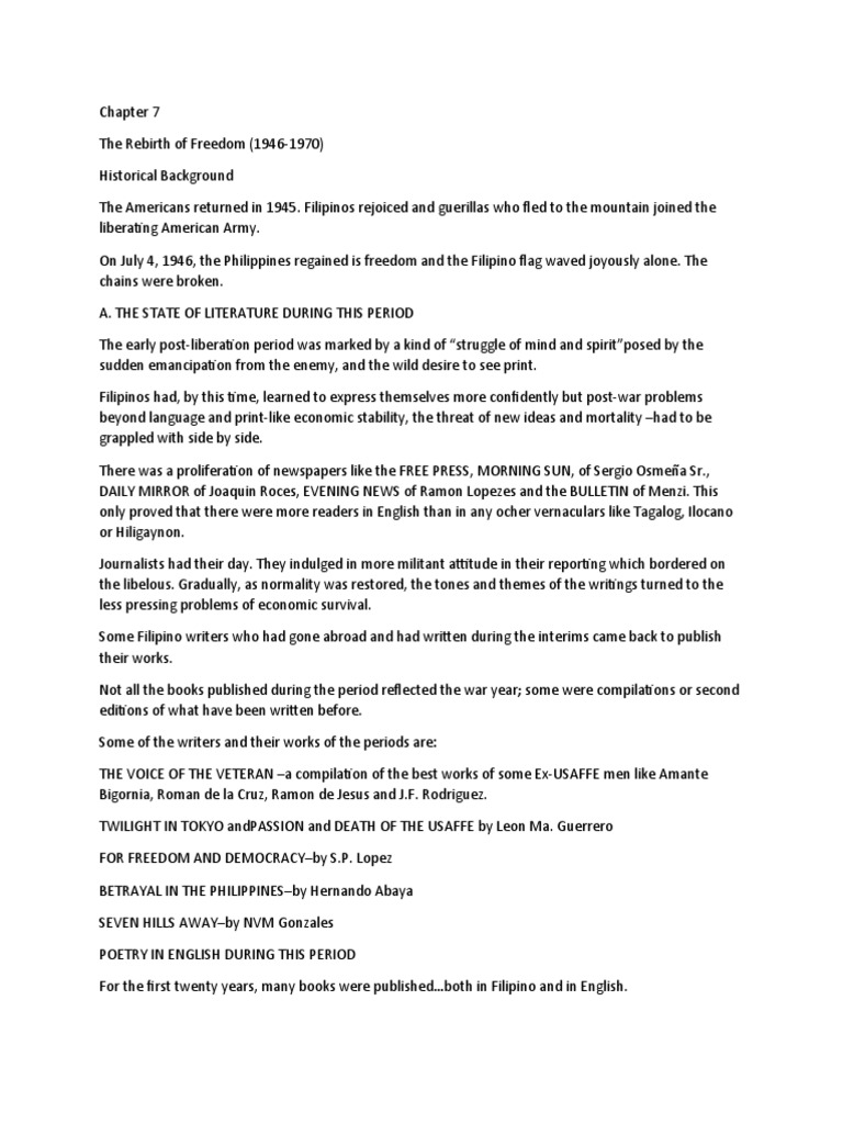 The Rebirth of Freedom in Literature (1946-1970 | PDF | Philippines