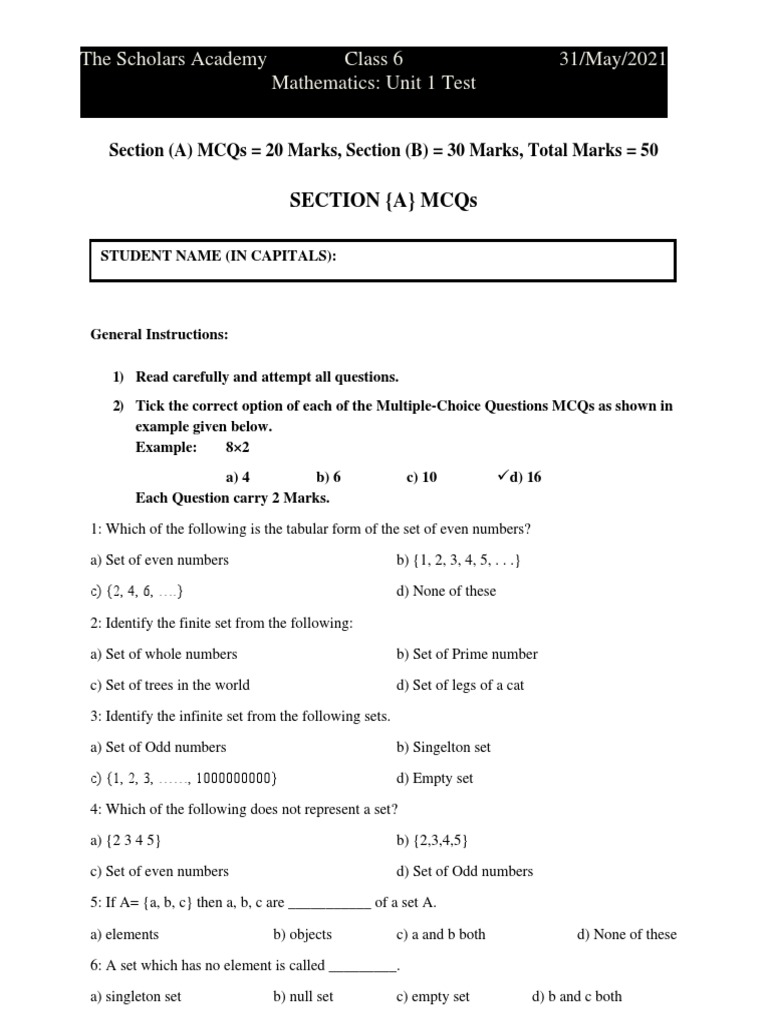 Math Test Class 6 Unit 1 Sets MCQs + Subjective in English | PDF ...