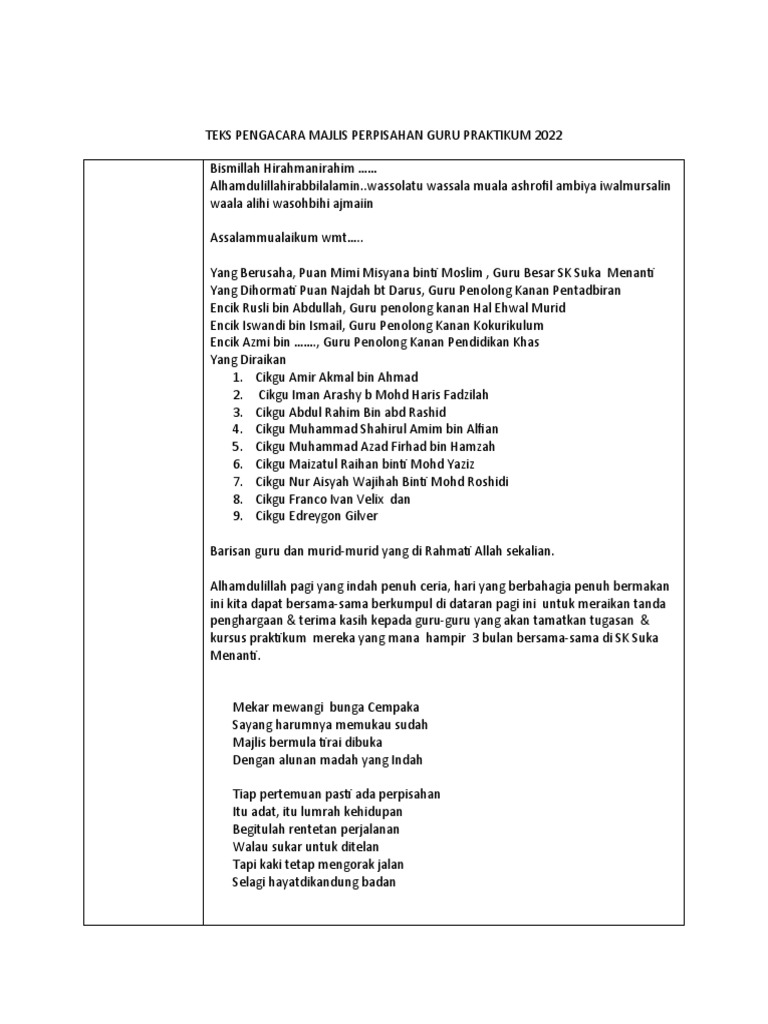 Teks Pengacara Majlis Perpisahan Guru Praktikum 2022 | PDF
