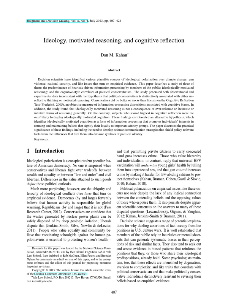 Ideology, Motivated Reasoning, and Cognitive Reflection | PDF | Reason ...