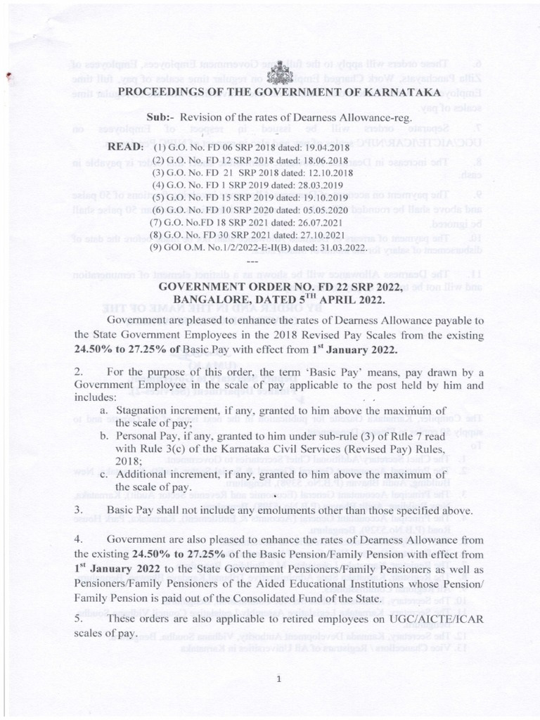 Karnataka DA Order Revision 2022 | PDF | Pension | Bangalore