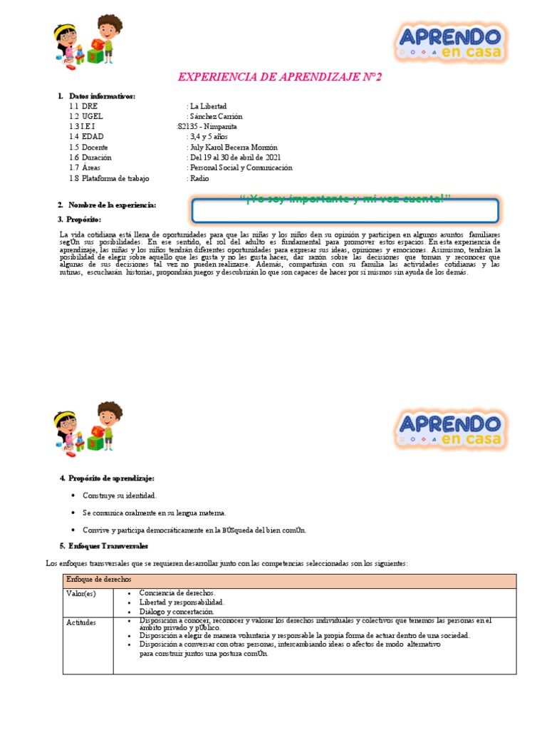 Experiencia de Aprendizaje #2 - Inicial | PDF | Las emociones | Comunicación no verbal