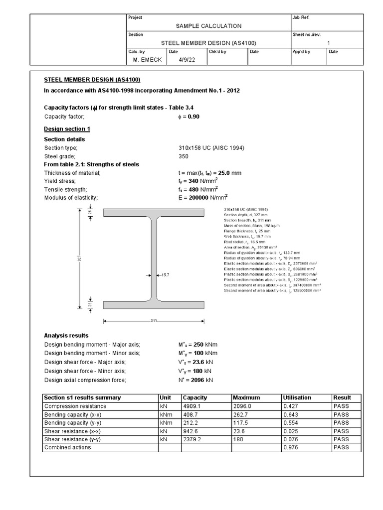 Steel Member Design - Sample Calculation (AS4100) | Download Free PDF ...