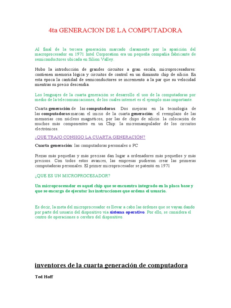 4ta GENERACION DE LA COMPUTADORA | PDF | Microprocesador | Circuito integrado