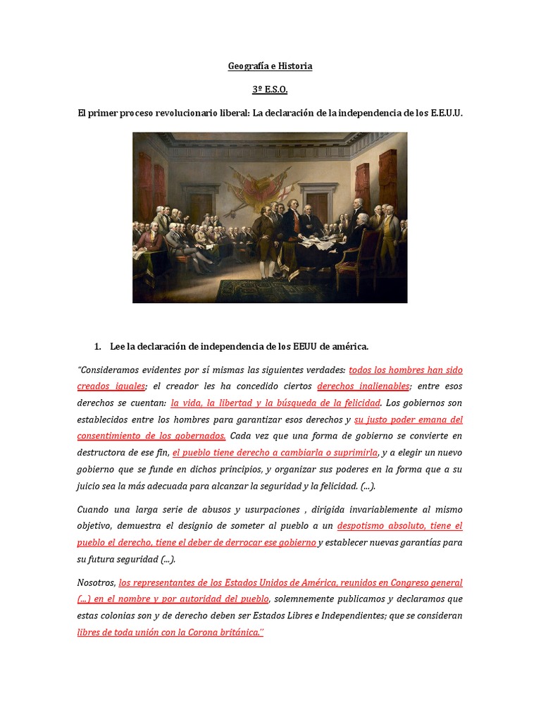 Actividad Sobre La Independencia de EEUU | PDF | Trece colonias | Declaración de independencia ...