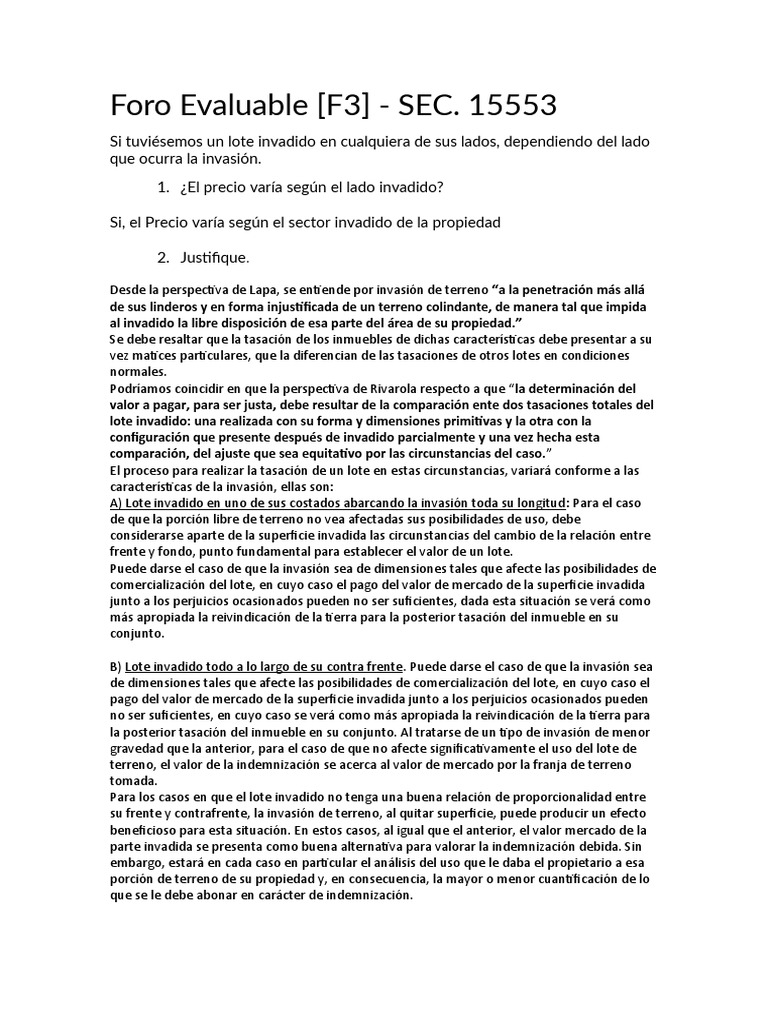 Foro Evaluable 3 Tasaciones | PDF | Daños y perjuicios | Valor de mercado