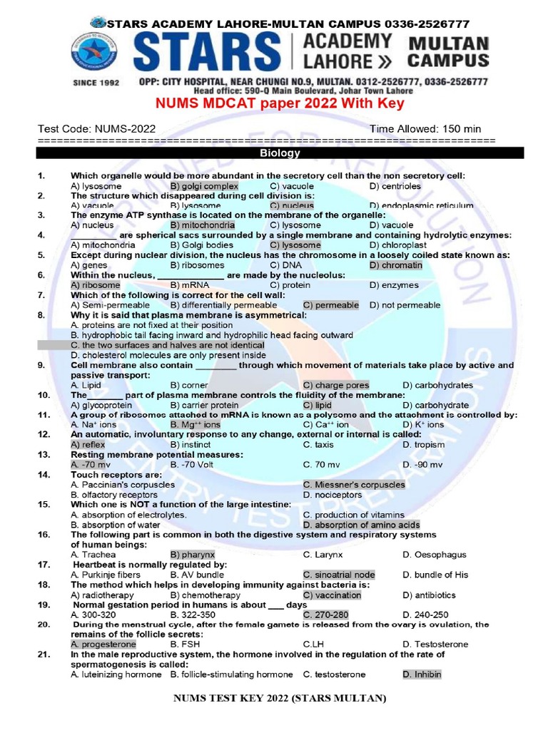 Nums Paper Final 2022 Stars Academy Multan | PDF