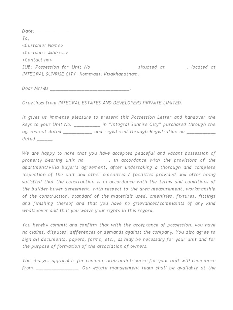Possession Letter: Notification of Completion and Handover of Unit in ... Possession Letter: Notification of Completion and Handover of Unit in ...