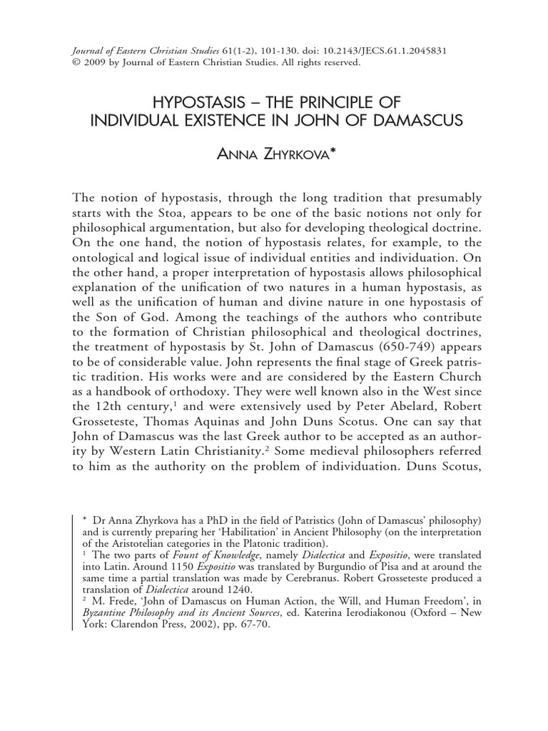 Hypostasis - The Principle of Individual Existence in John of Damascus ...