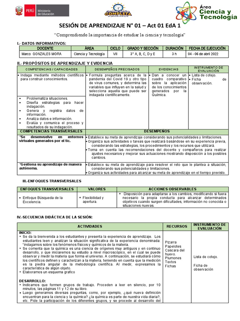 Sesión de Aprendizaje N°1 | PDF | Aprendizaje | Evaluación