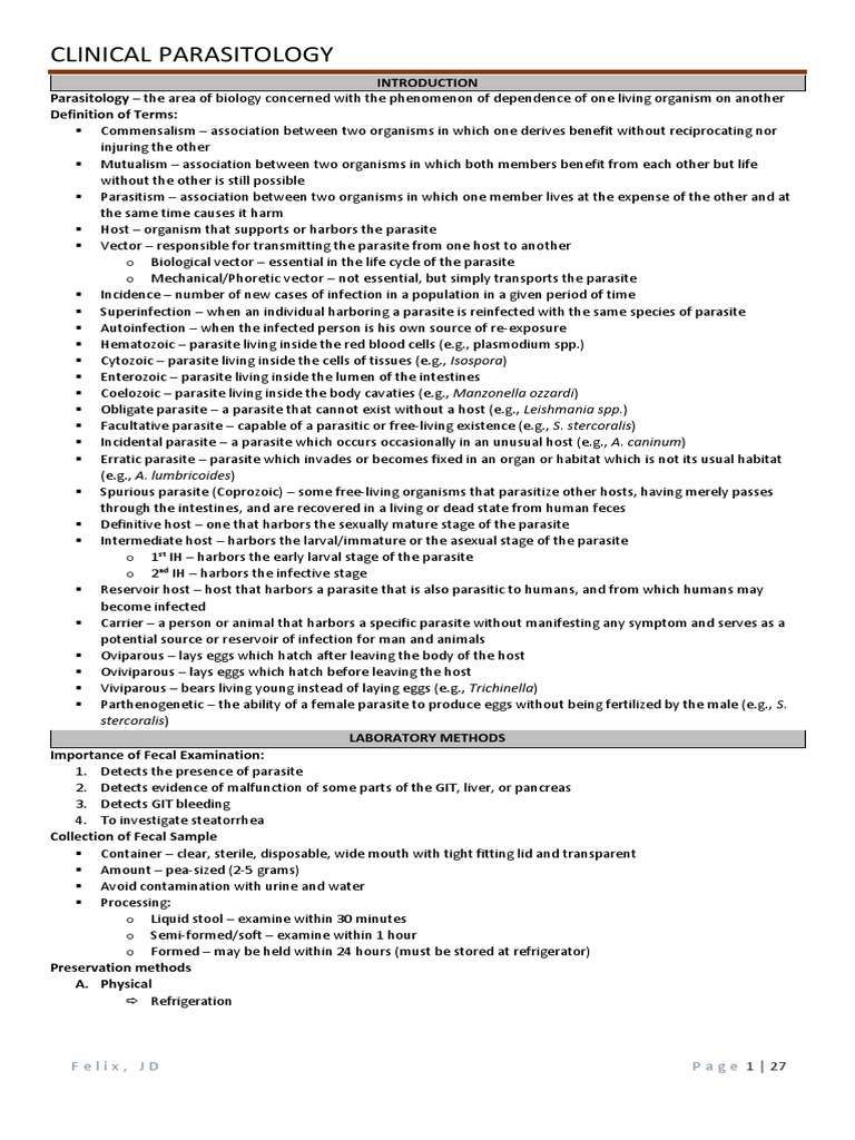 Parasitology Review Notes | PDF | Parasitism | Medical Specialties