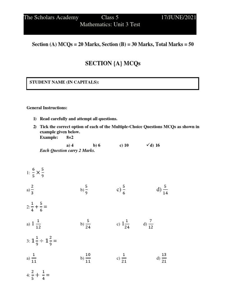 Class 5 Unit 3 Fractions Test in English | PDF | Multiple Choice ...
