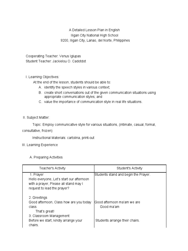 Communicative Style Lesson Plan | PDF | Lesson Plan