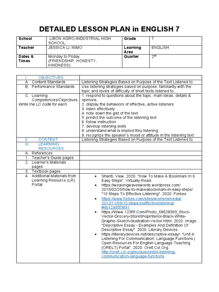 Detailed Lesson Plan for English 7 | PDF | Learning | Lesson Plan