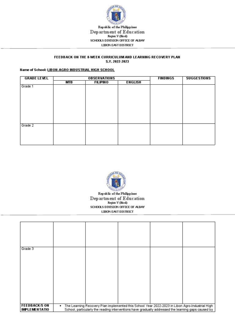 Feedback On The 8 Week LRC and Learning Recovery Plan | PDF | Literacy ...