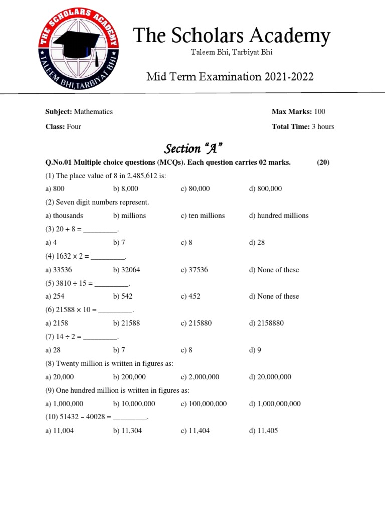 Exploring Mathematical Concepts and Skills: A Mid-Term Examination for ...