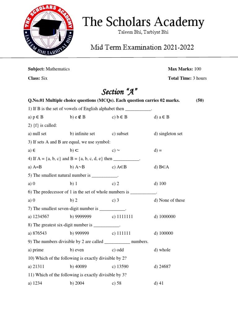 Math Class 6 Paper | PDF | Numbers | Mathematical Logic