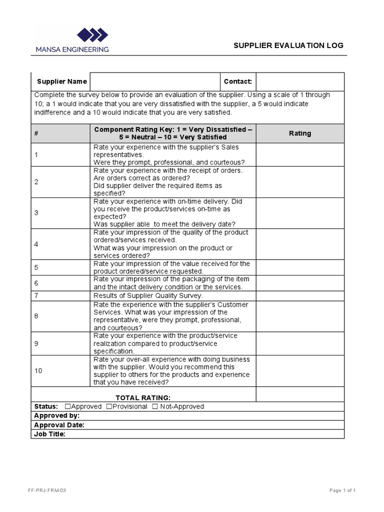 FF-PRJ-FRM-03 Supplier Evaluation Scoring Log | PDF | Business ... FF-PRJ-FRM-03 Supplier Evaluation Scoring Log | PDF | Business ...