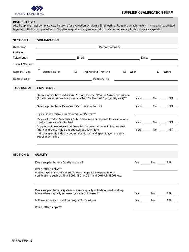 FF-PRJ-FRM-13 Supplier Qualification Form | PDF | Personal Protective ...