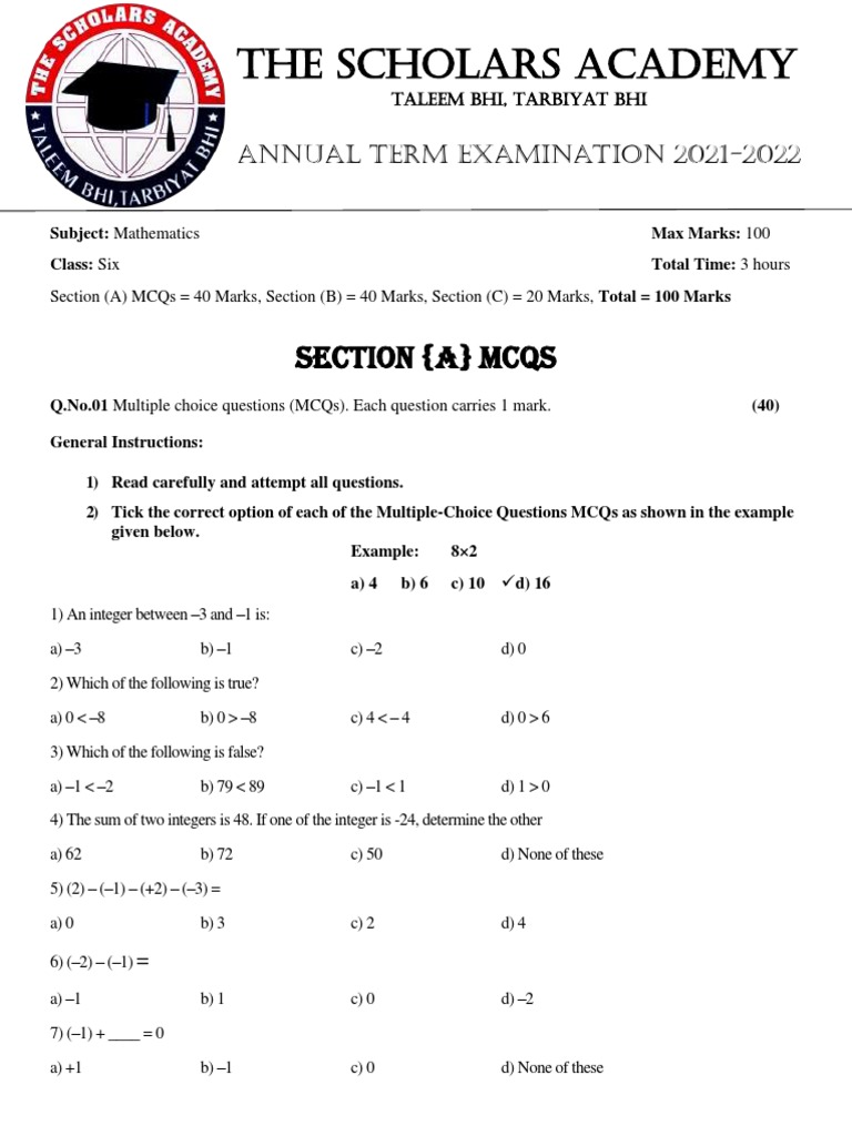 Math Class 6 Paper | Download Free PDF | Multiple Choice | Mathematics